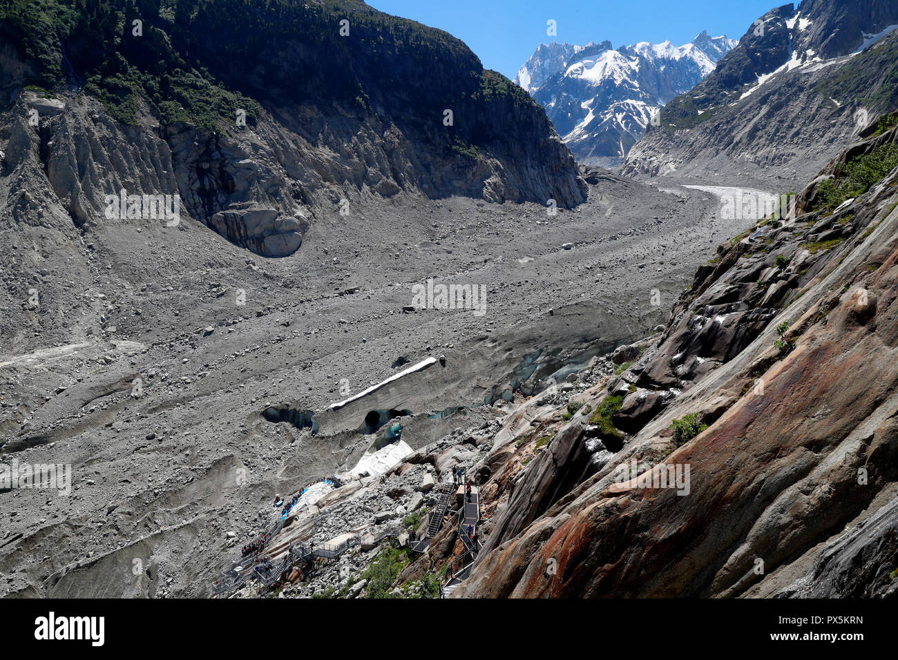 French Alps. Mont Blanc massif. The Mer De Glace glacier which has ...