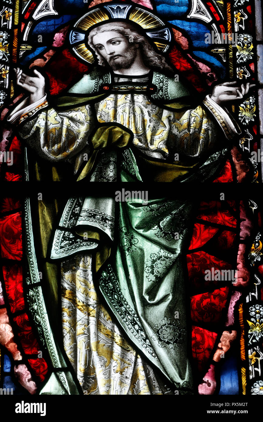 Protestant church. Stained glass window. Jesus. Chamonix. France Stock ...