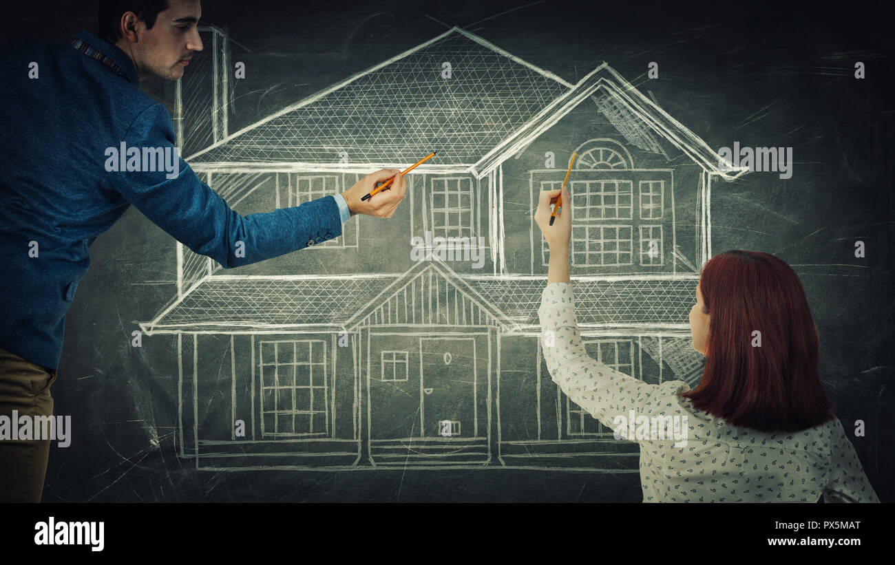 Young couple sharing thoughts together drawing the dream house on ...