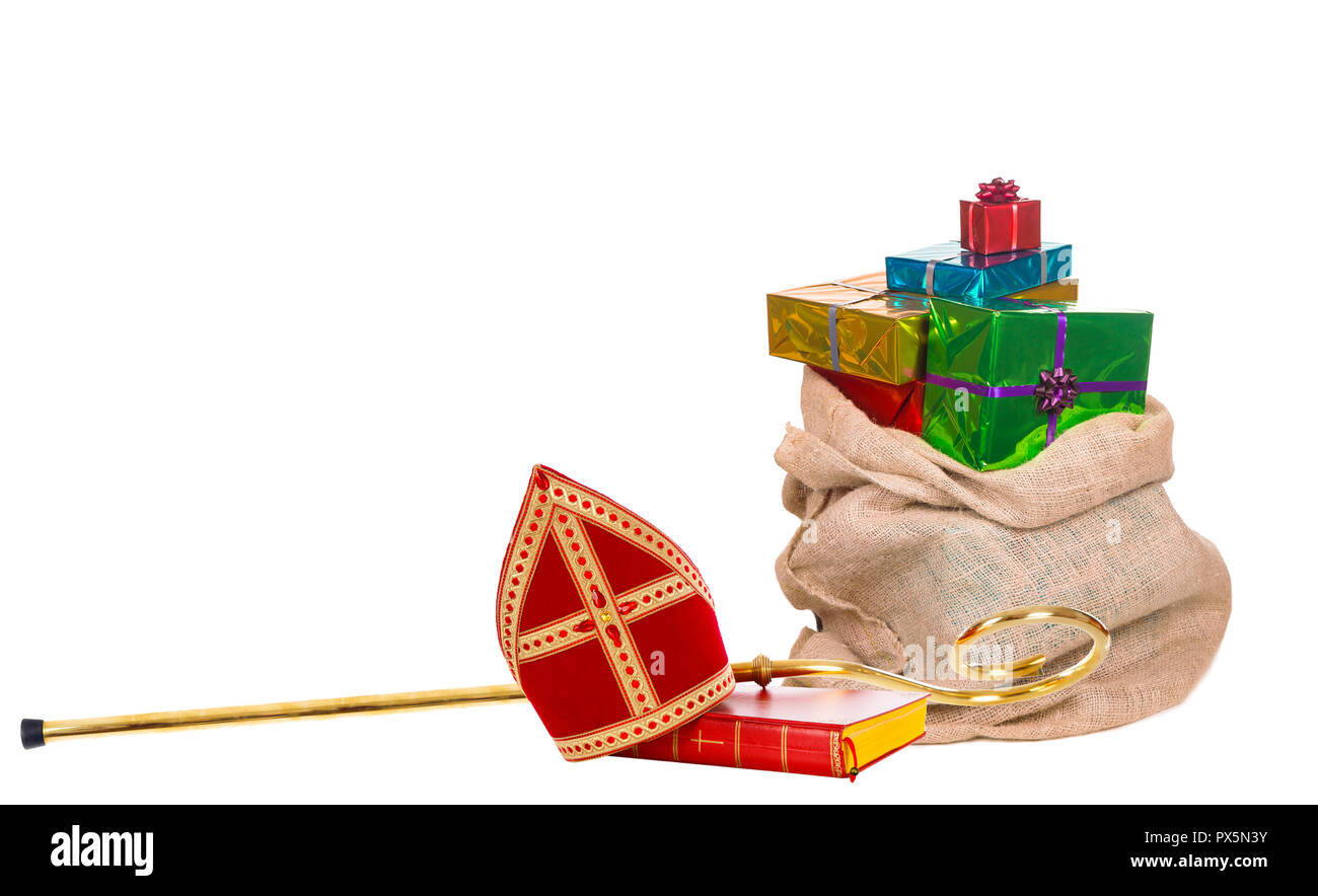 Mitre or miter sack with gifts and staff of saint nicholas. Isolated on ...