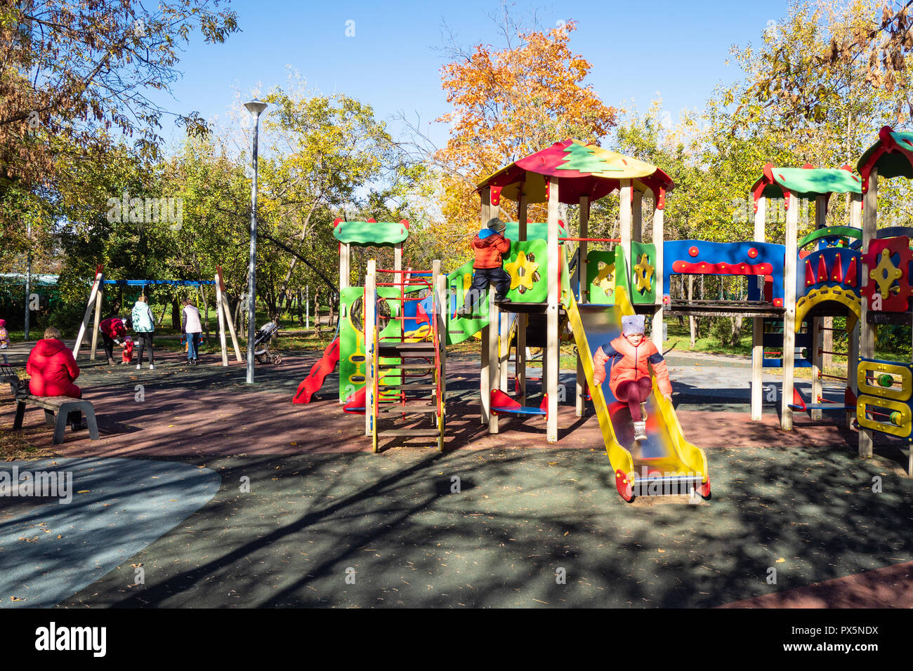 MOSCOW, RUSSIA - OCTOBER 11, 2018: kids play on outdoor playground in ...