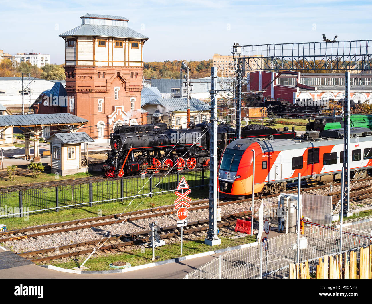 MOSCOW, RUSSIA - OCTOBER 16, 2018: old and modern locomotives on ...