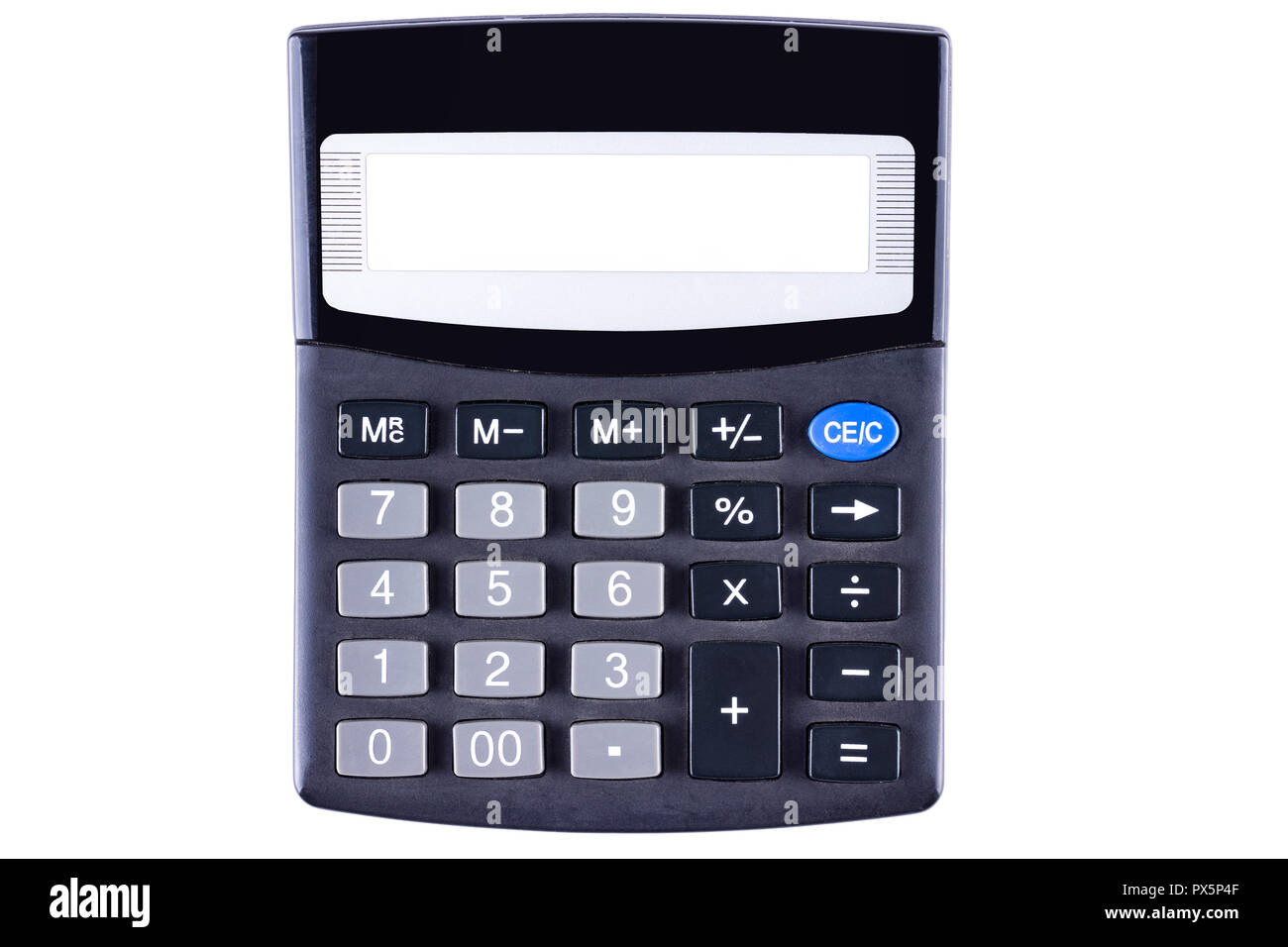 Classic black calculator with blank screen isolated on white background ...