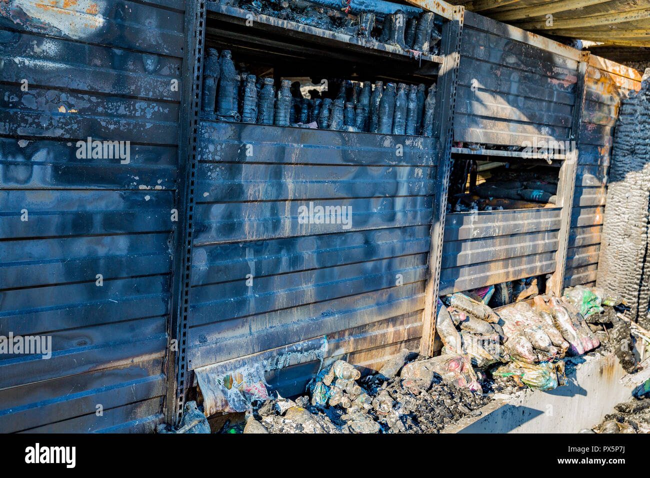 damaged industry supermarket metallic facade after arson fire with ...