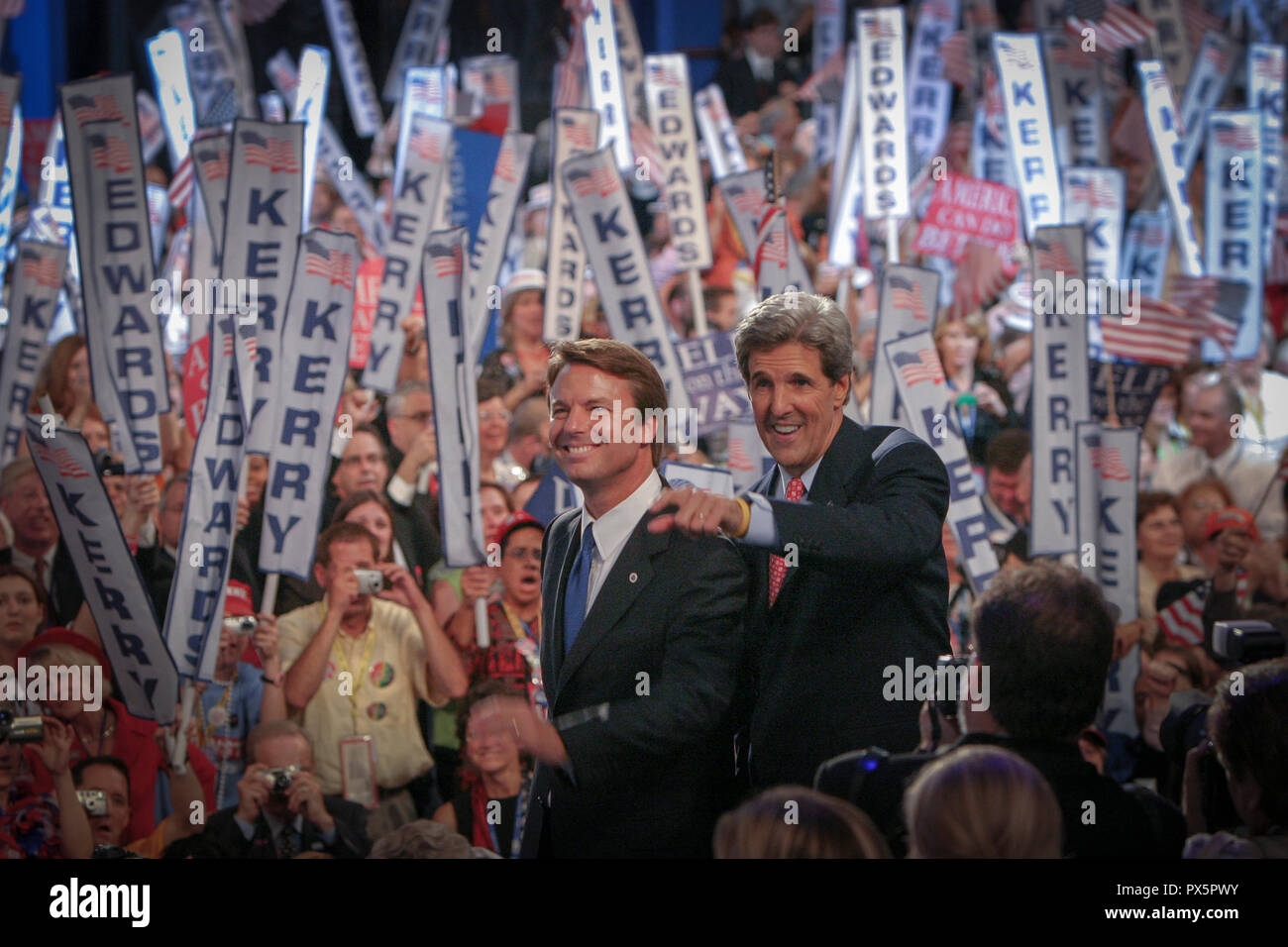 U.S. Sen. John Kerry and John Edwards celebrate on stage after Kerry’s ...