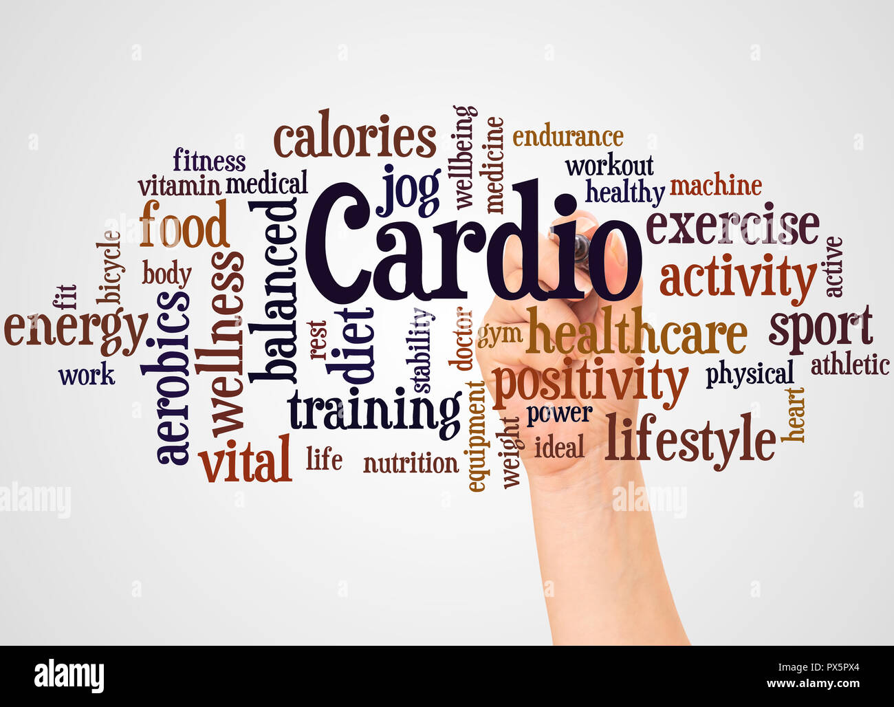 Cardio word cloud and hand with marker concept on white background ...