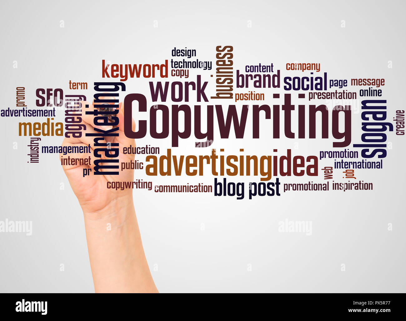 Copywriting, word cloud and hand with marker concept on gradient ...