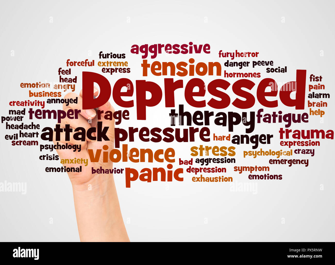Depressed word cloud and hand with marker concept on gradient ...