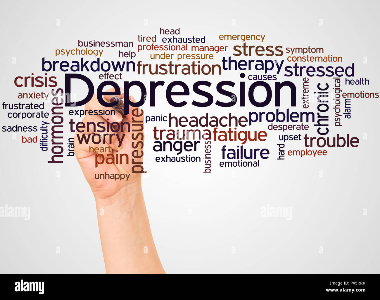 Depression word cloud and hand with marker concept on white background ...