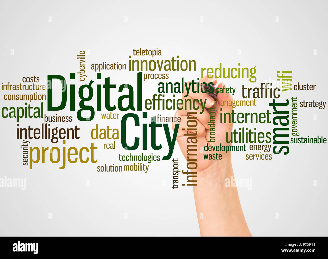 Digital City word cloud and hand with marker concept on white ...