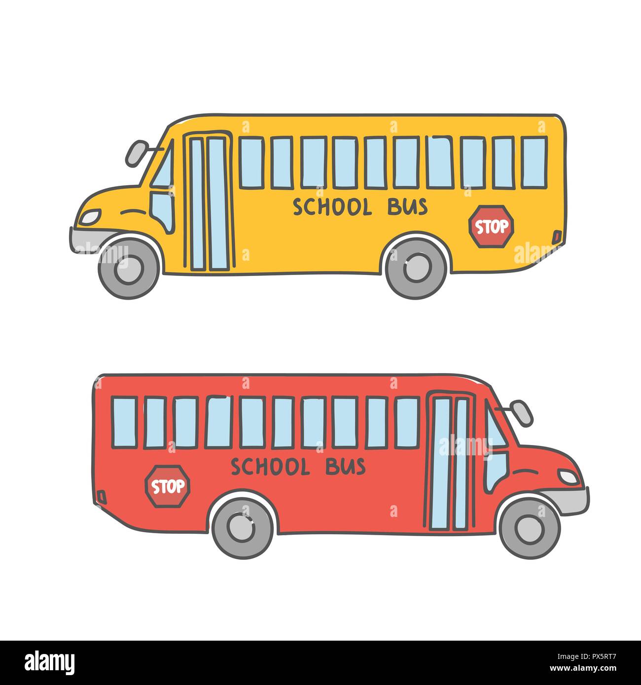 School bus set of two colors red and yellow doodles in cartoon style ...