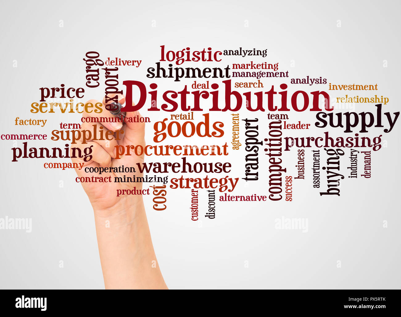Distribution word cloud and hand with marker concept on gradient ...