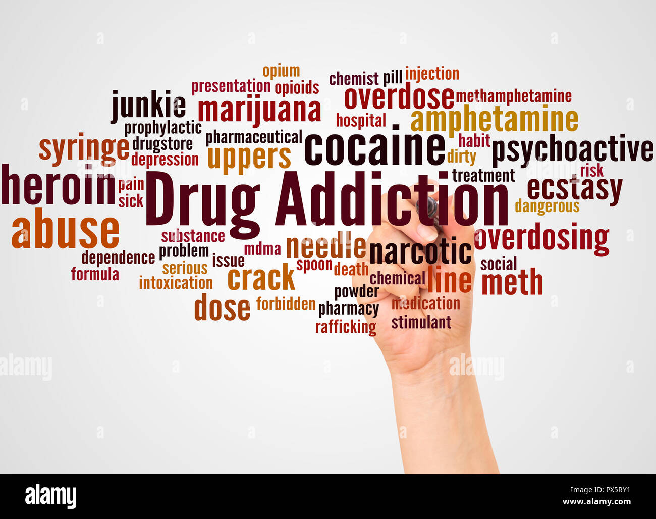 Drug addiction word cloud and hand with marker concept on white ...