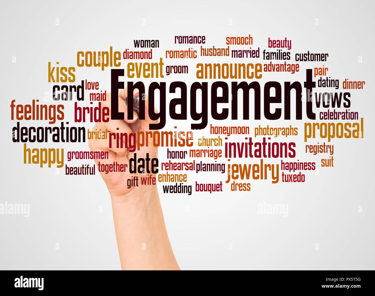 Engagement word cloud and hand with marker concept on white background ...