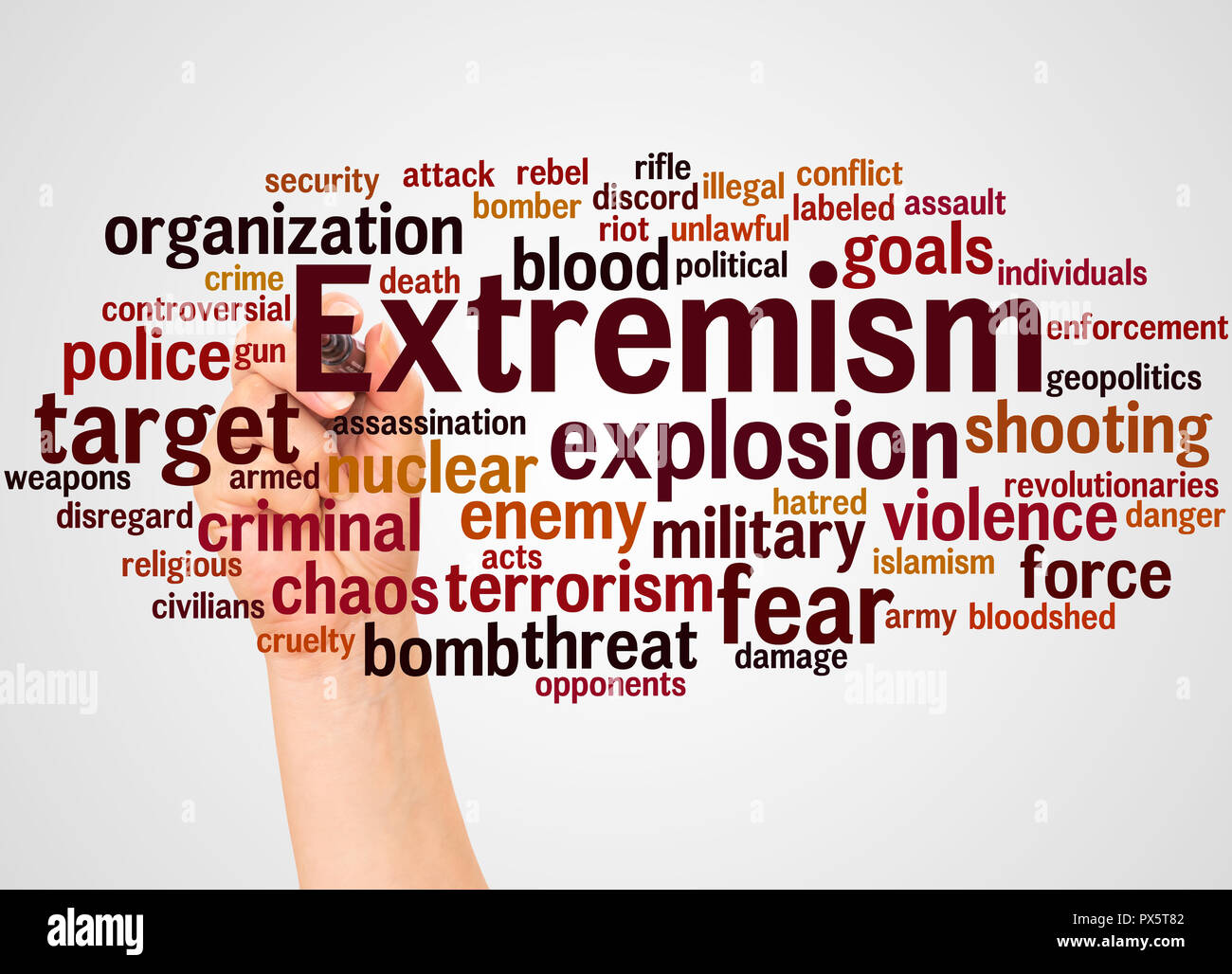Extremism word cloud and hand with marker concept on white background ...