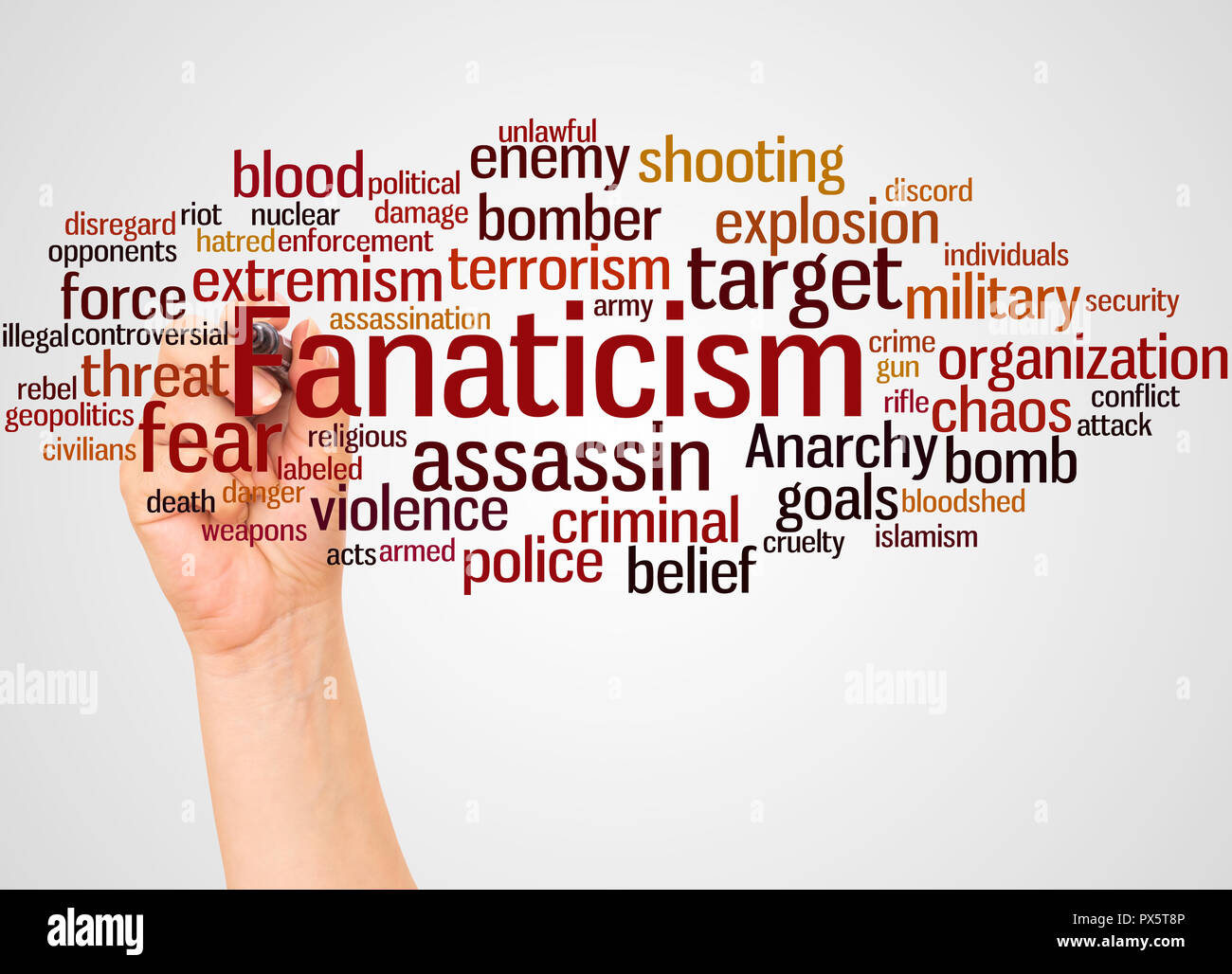 Fanaticism word cloud and hand with marker concept on white background ...