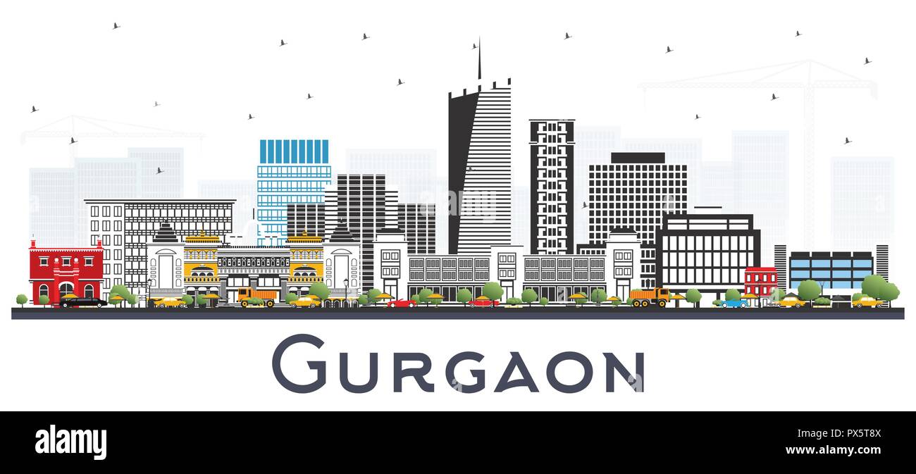 Gurgaon India City Skyline with Gray Buildings Isolated on White ...