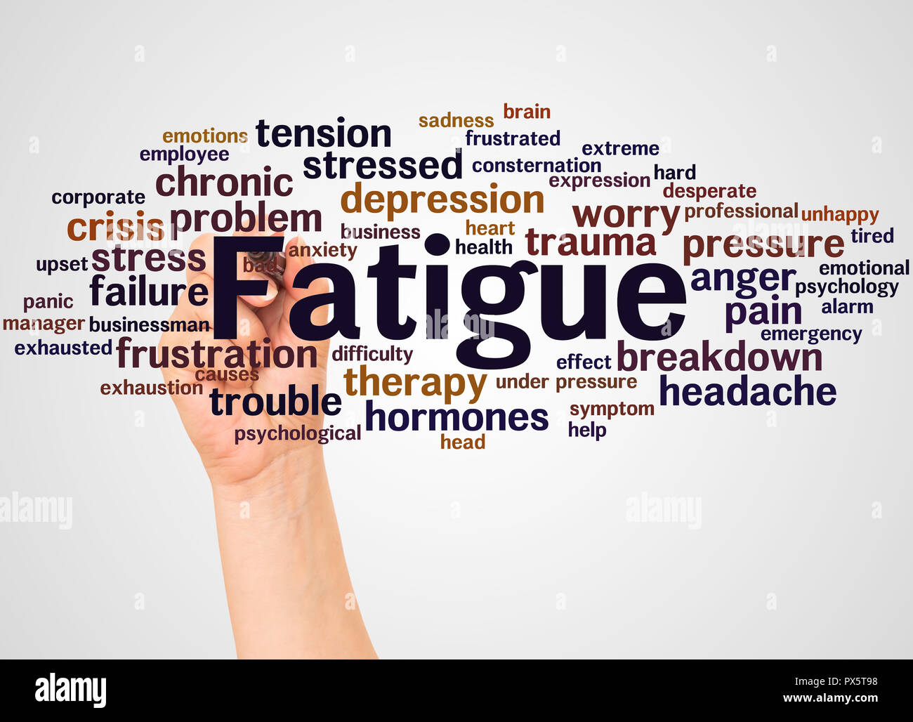 Fatigue word cloud and hand with marker concept on gradient background ...