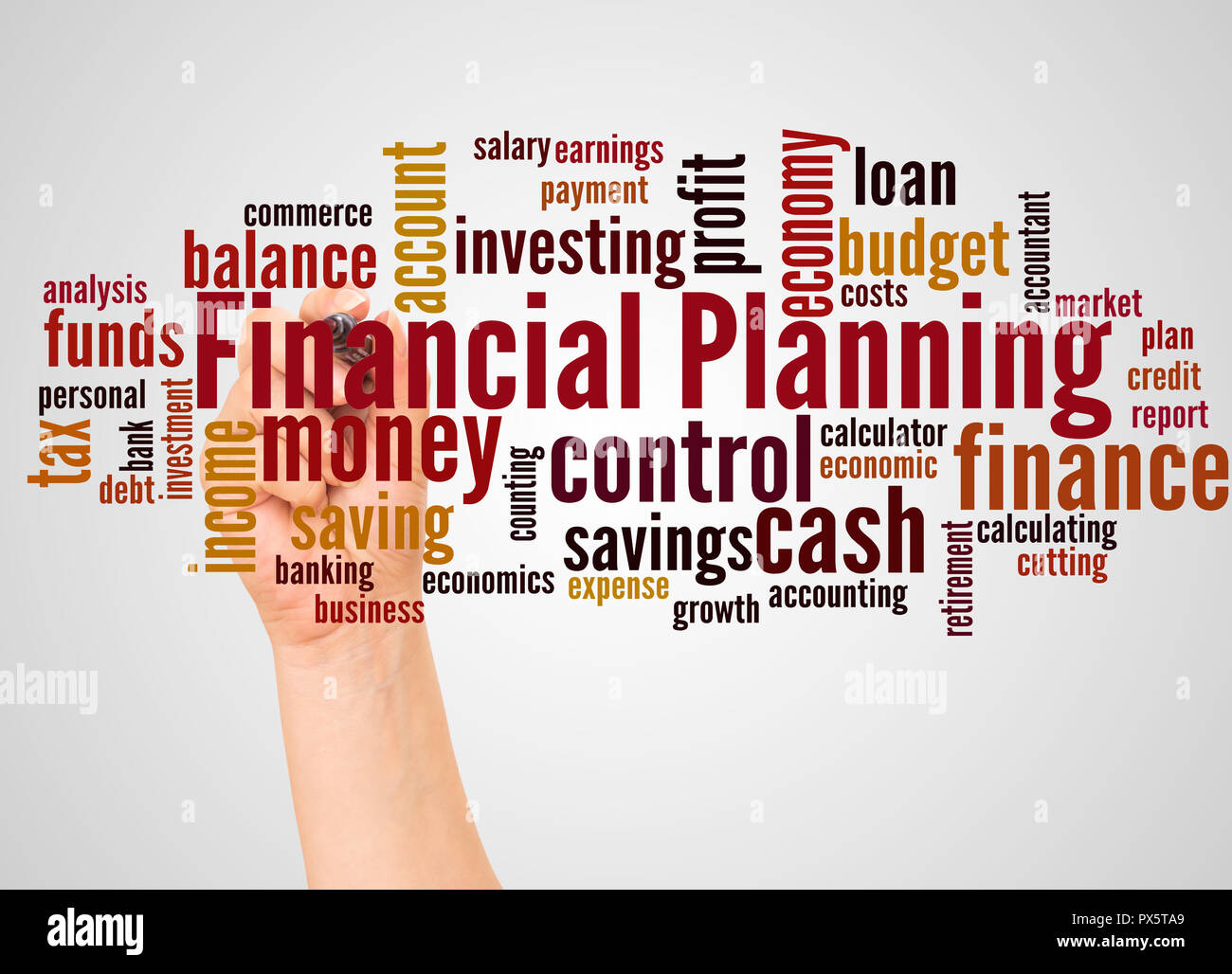 Financial Planning, word cloud and hand with marker concept on white ...