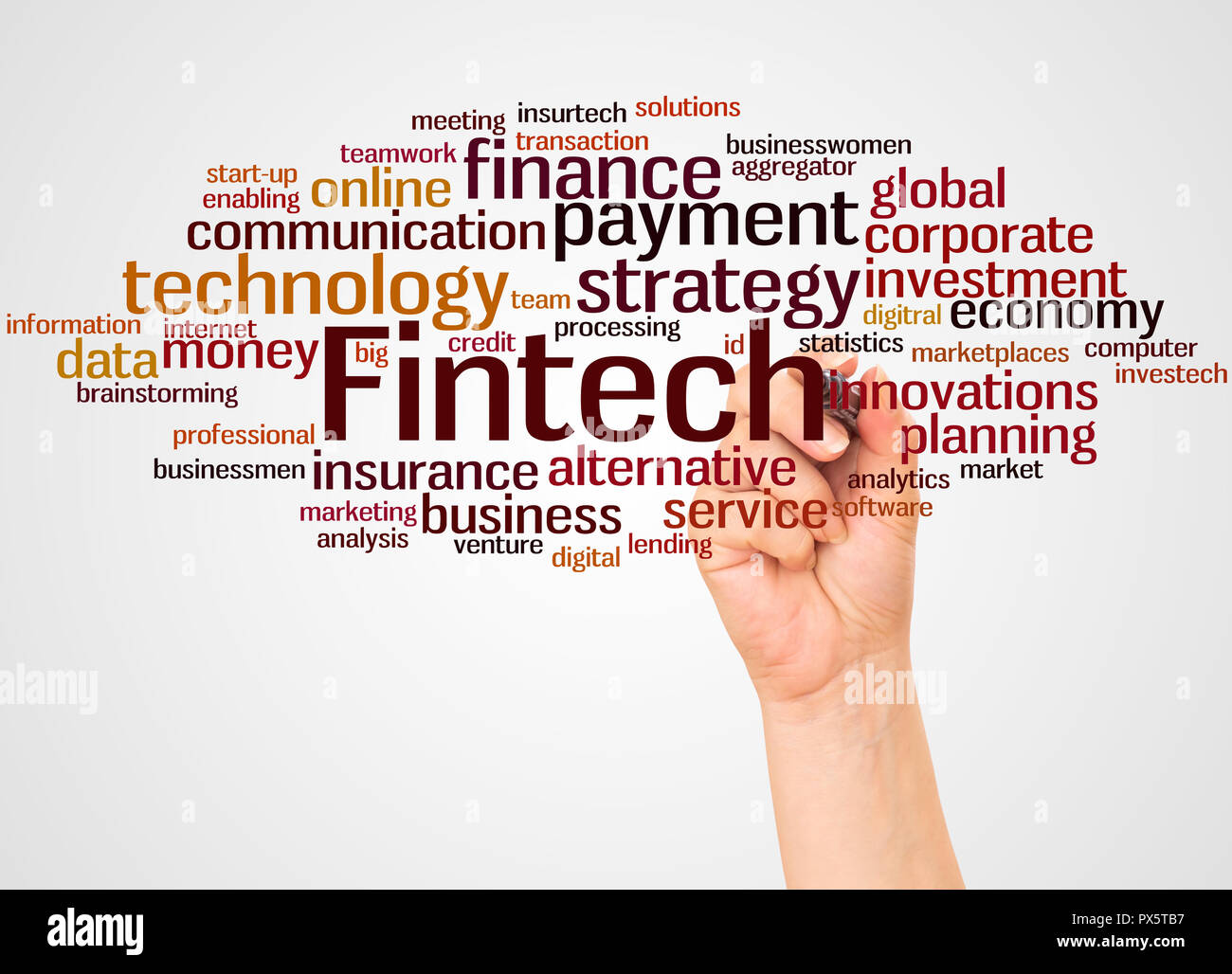 Fintech word cloud and hand with marker concept on white background ...