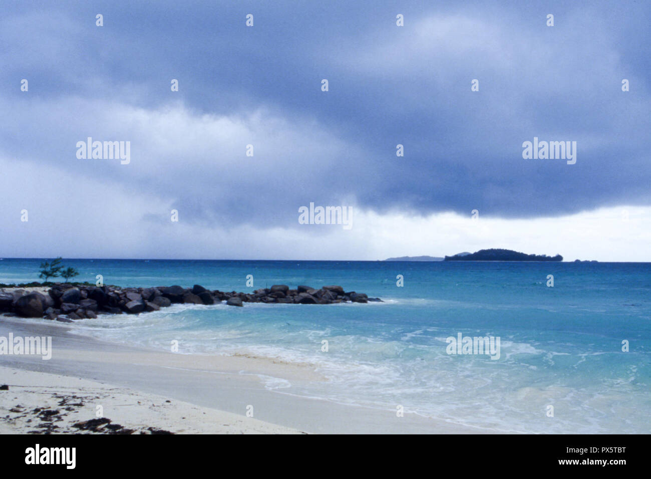 tropical beach in Anse Kerlan, Praslin island, Seychelles Stock Photo ...