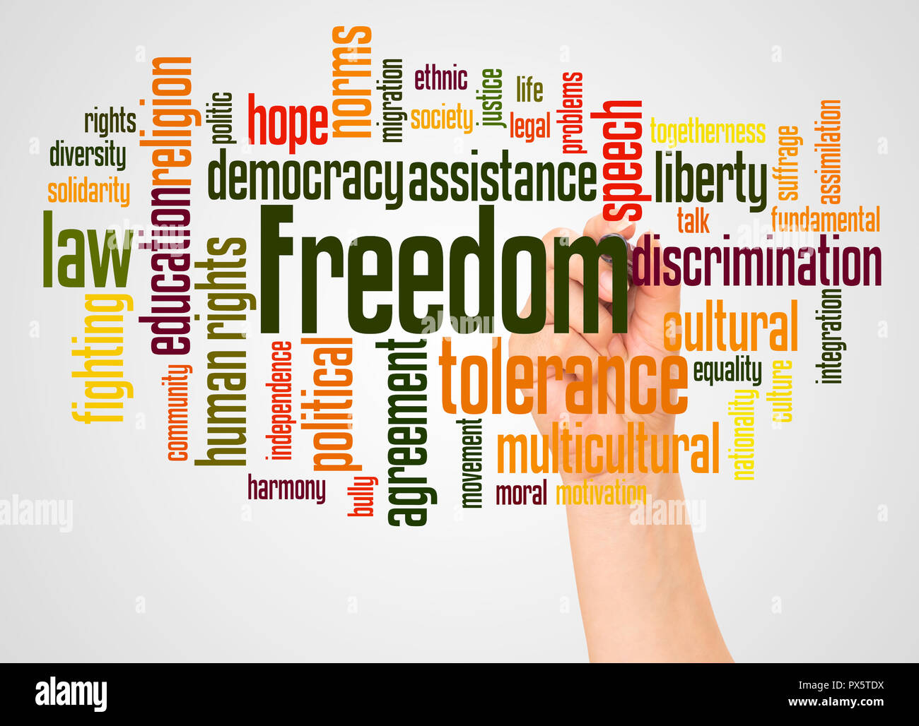 Freedom word cloud and hand with marker concept on white background ...