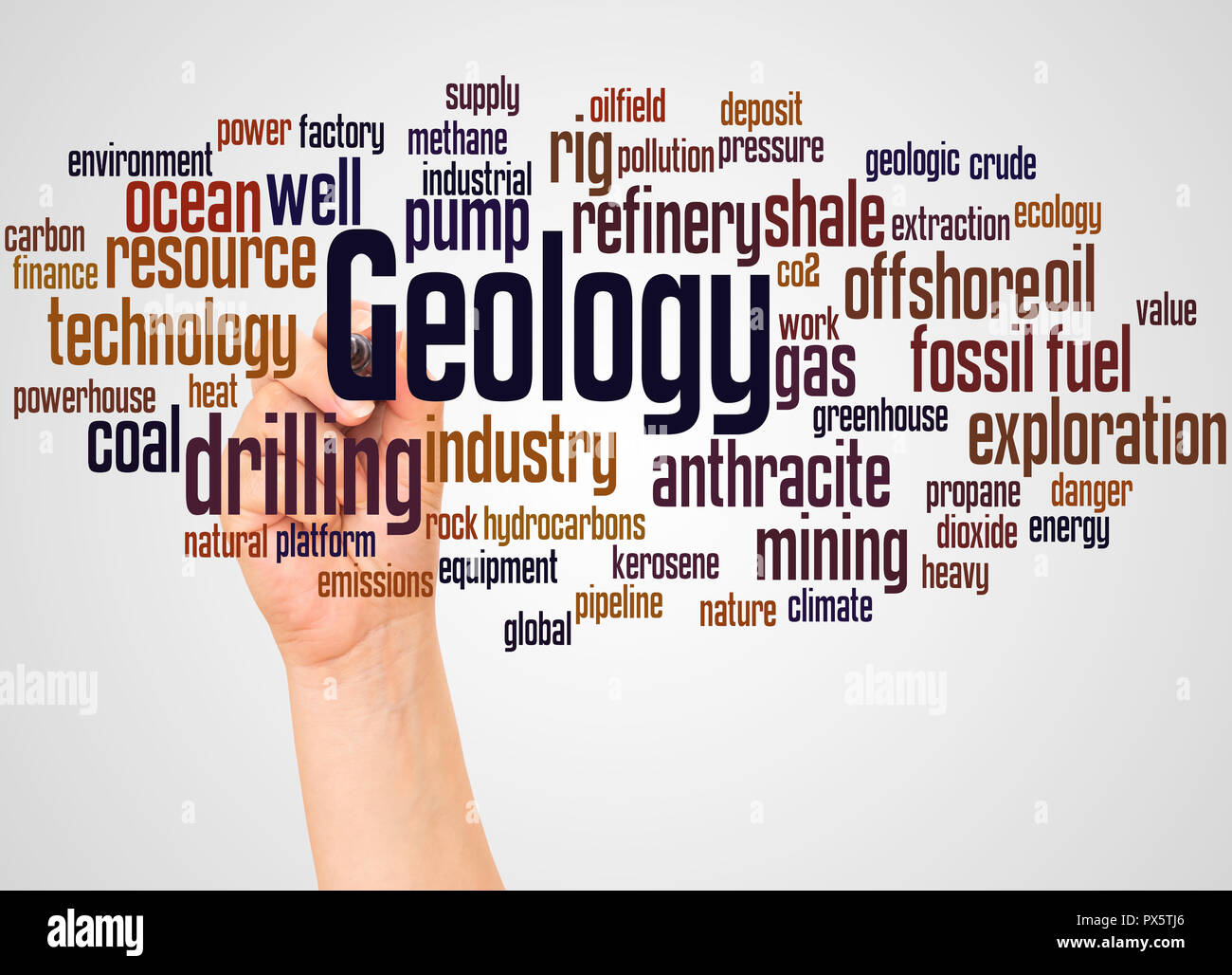 Geology word cloud and hand with marker concept on white background ...