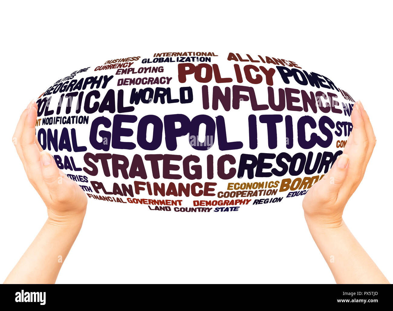 Geopolitics word cloud hand sphere hand sphere concept on white ...