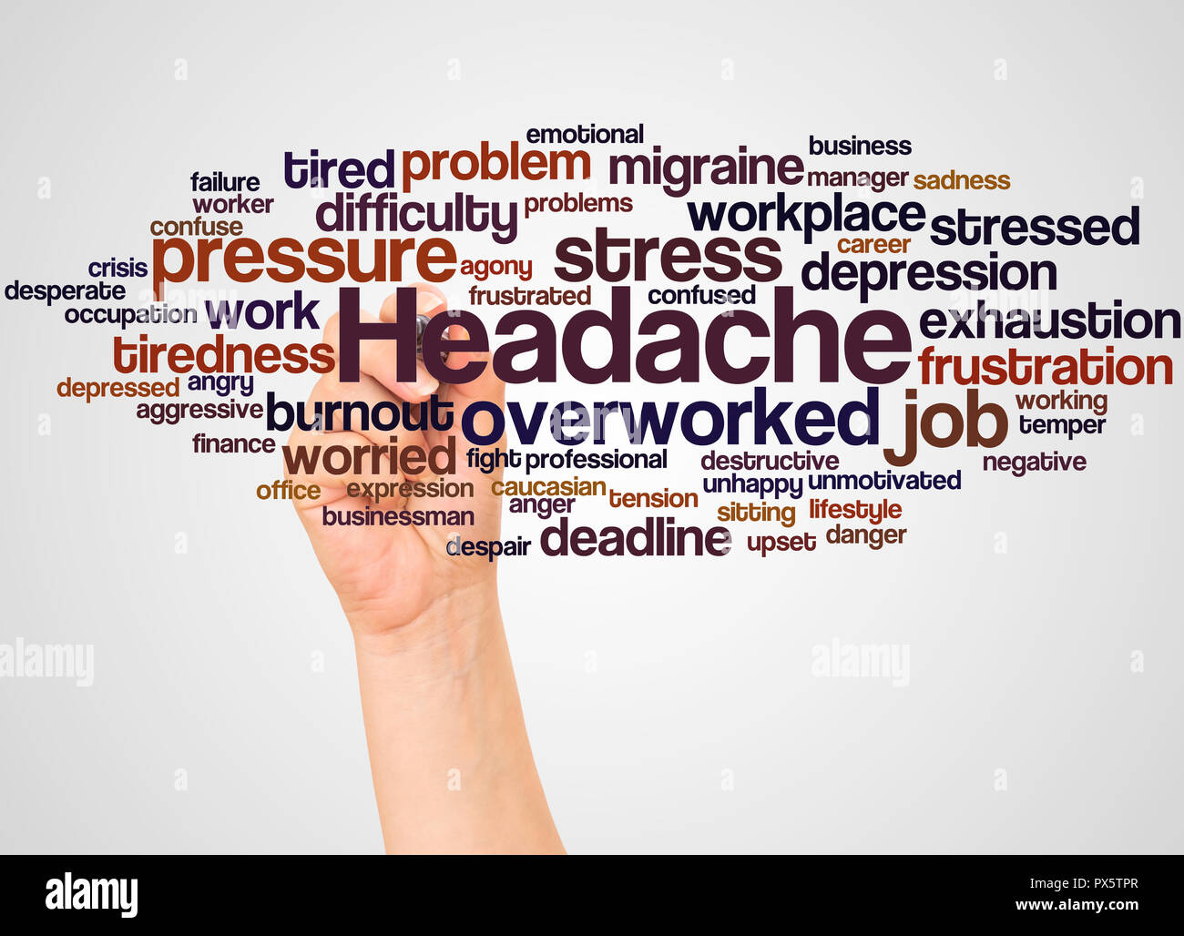 Headache word cloud and hand with marker concept on white background ...