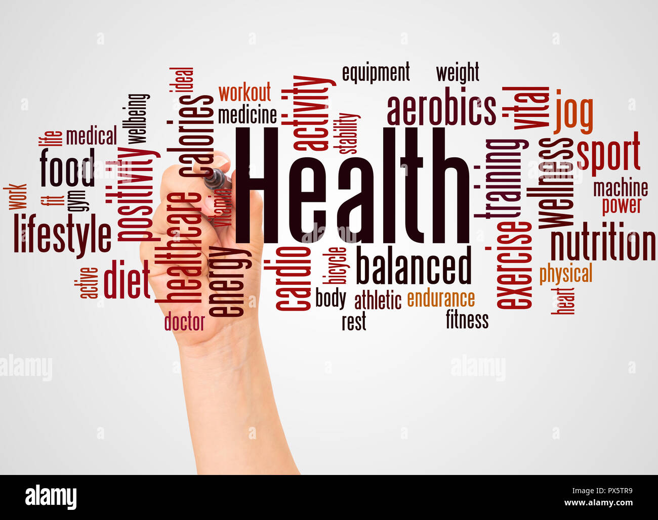 Health word cloud and hand with marker concept on white background ...