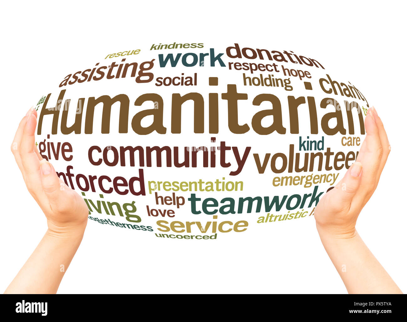 Humanitarian word cloud hand sphere concept on white background Stock ...