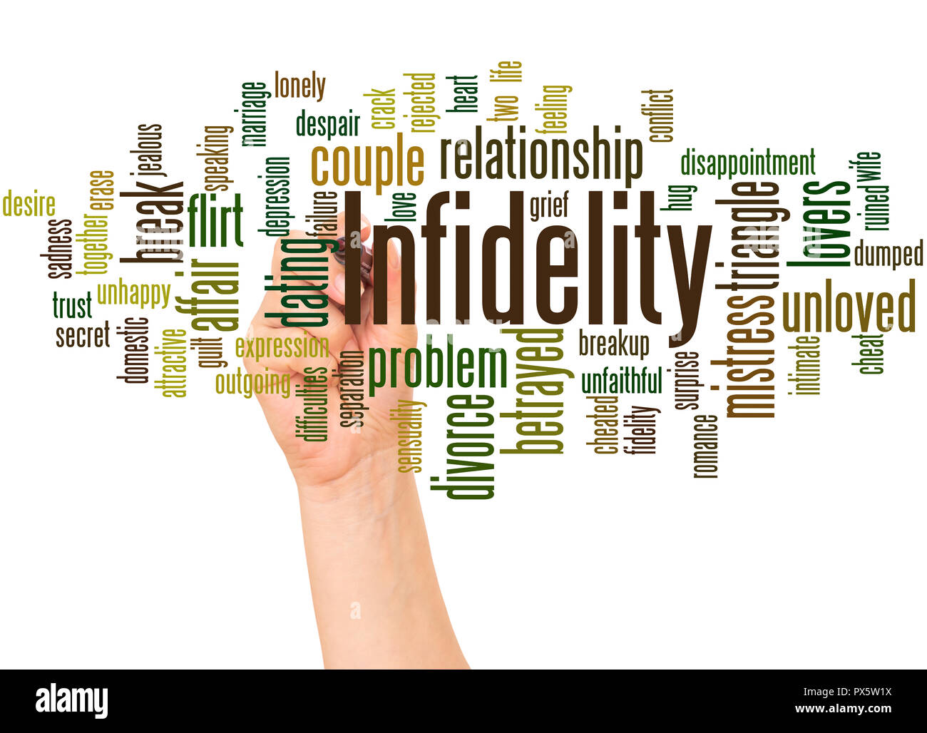 Infidelity word cloud and hand with marker concept on white background ...