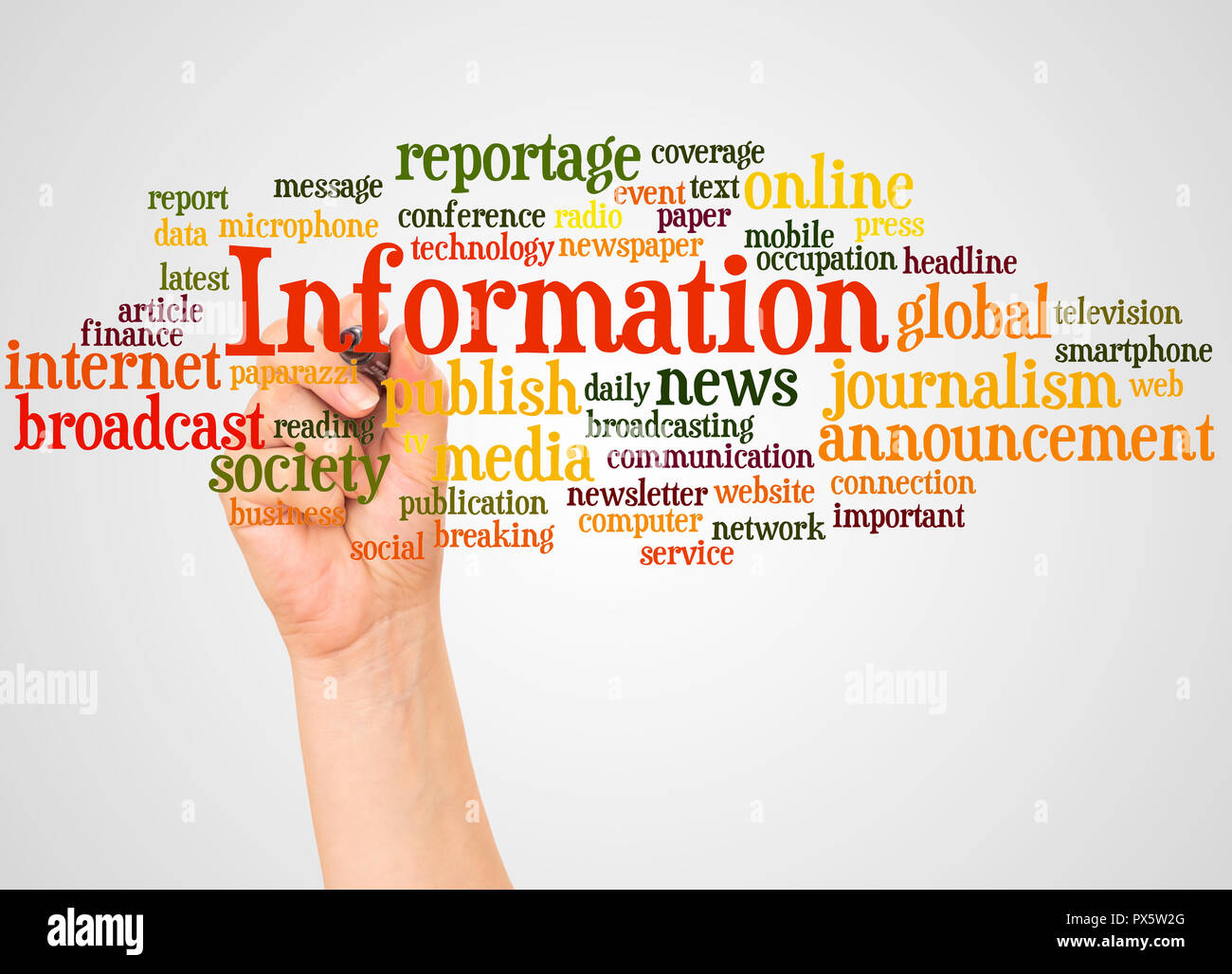 Information word cloud and hand with marker concept on gradient ...