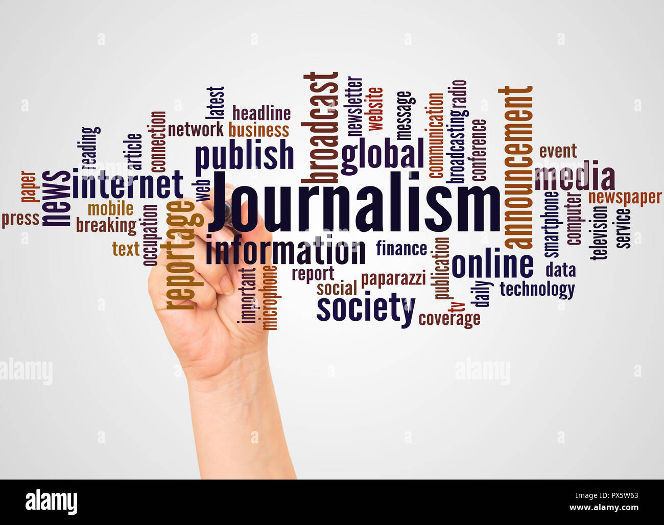 Journalism word cloud and hand with marker concept on white background ...