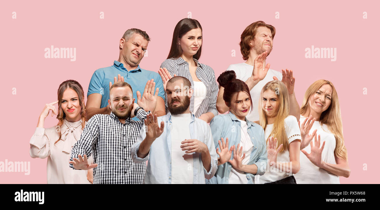 Collage about reject, rejection, doubt concept. Doubtful women and men ...