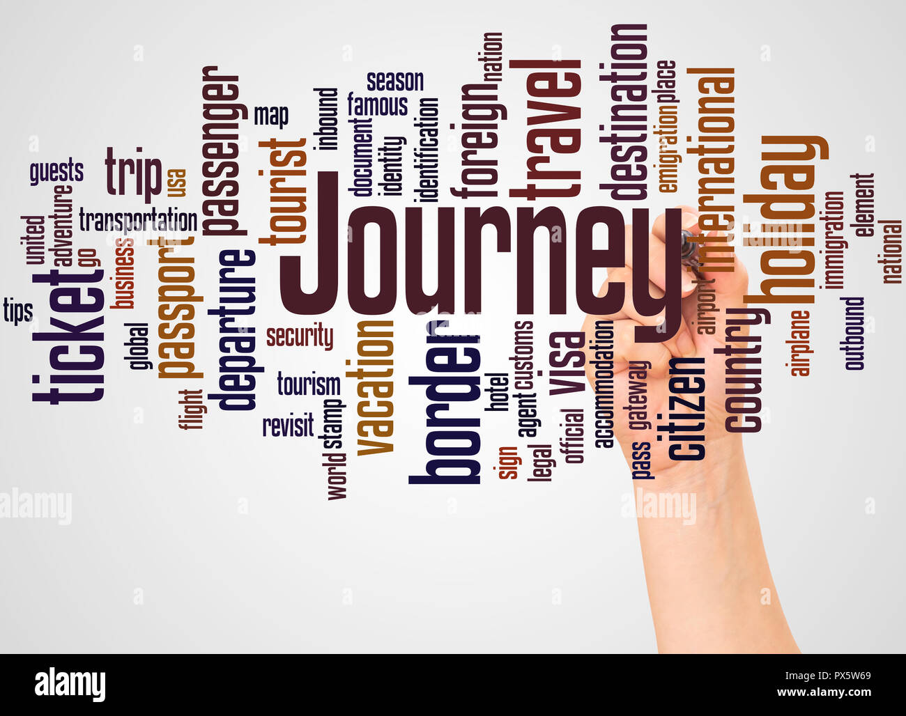 Journey word cloud and hand with marker concept on white background ...