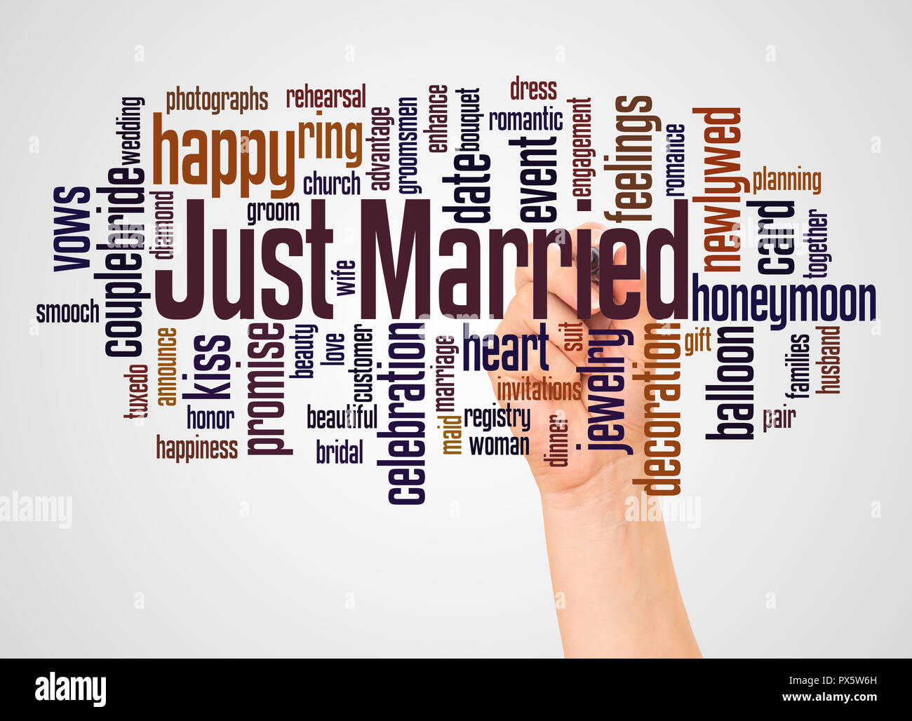 Just Married word cloud and hand with marker concept on white ...