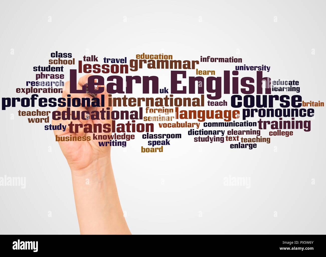 Learn English word cloud and hand with marker concept on gradient ...