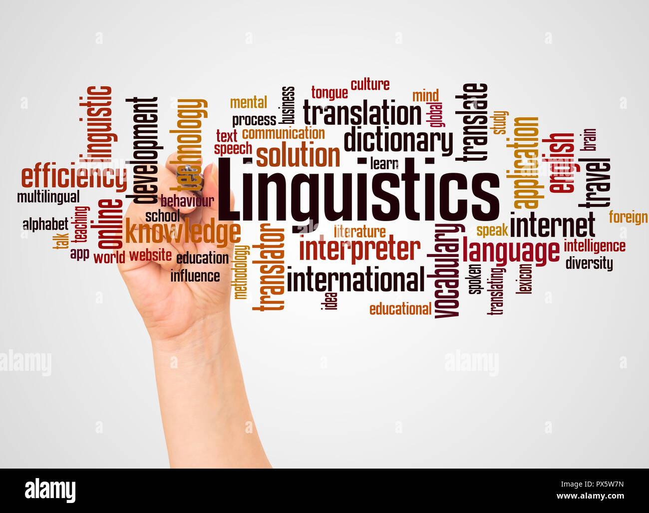 Linguistics word cloud and hand with marker concept on white background ...
