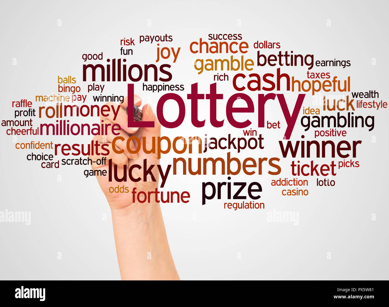 Lottery, word cloud and hand with marker concept on white background ...