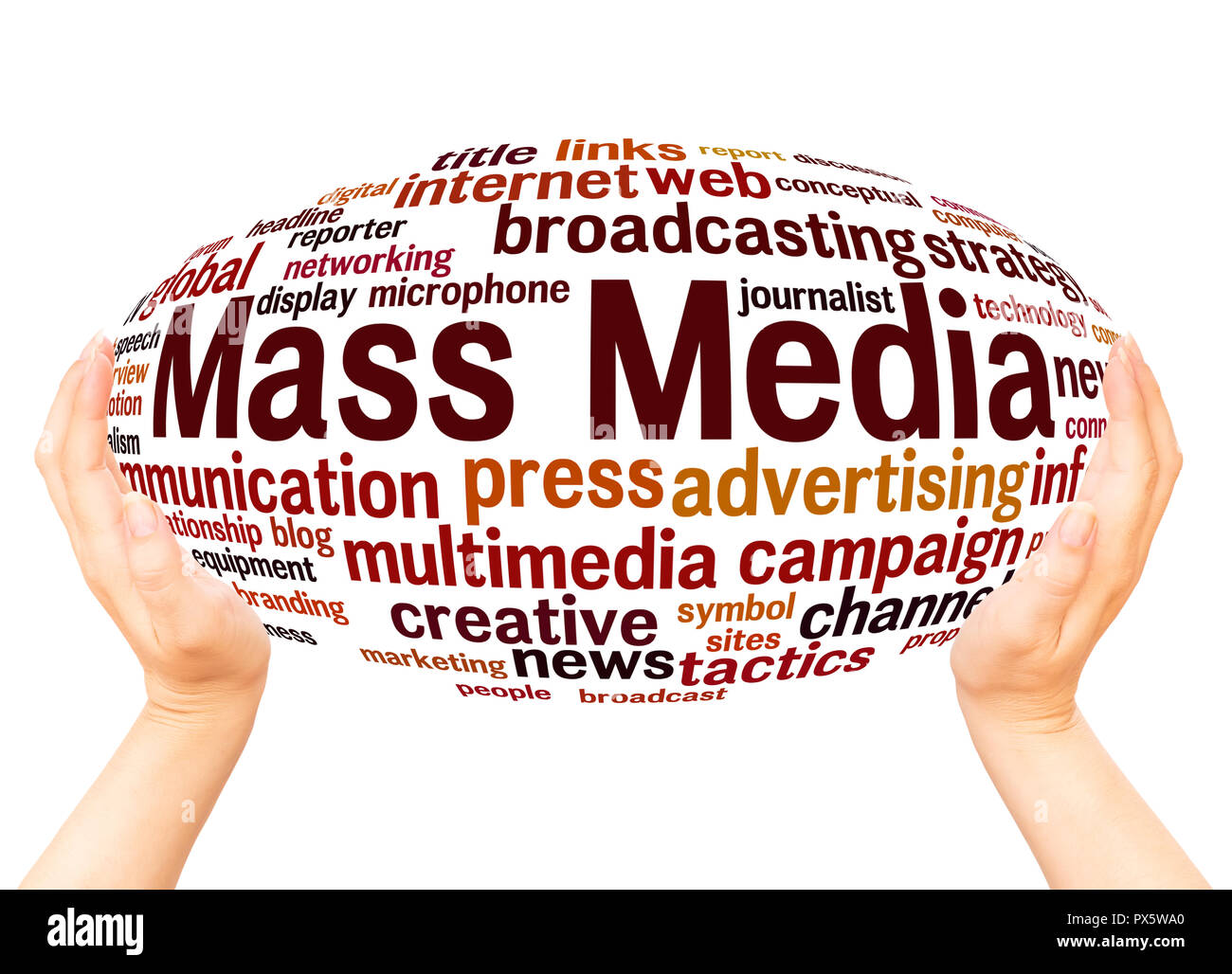 Mass Media word cloud hand sphere concept on white background Stock ...