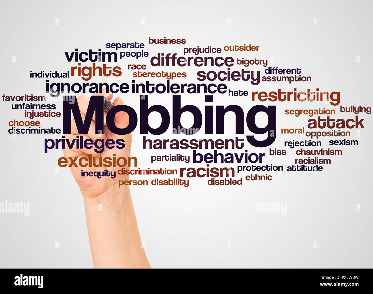 Mobbing word cloud and hand with marker concept on gradient background ...