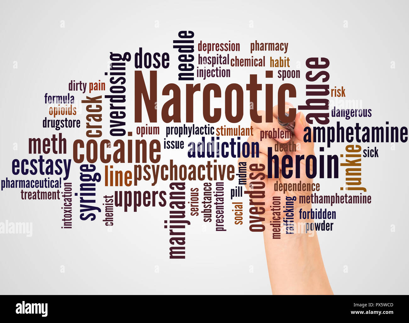 Narcotic word cloud and hand with marker concept on white background ...