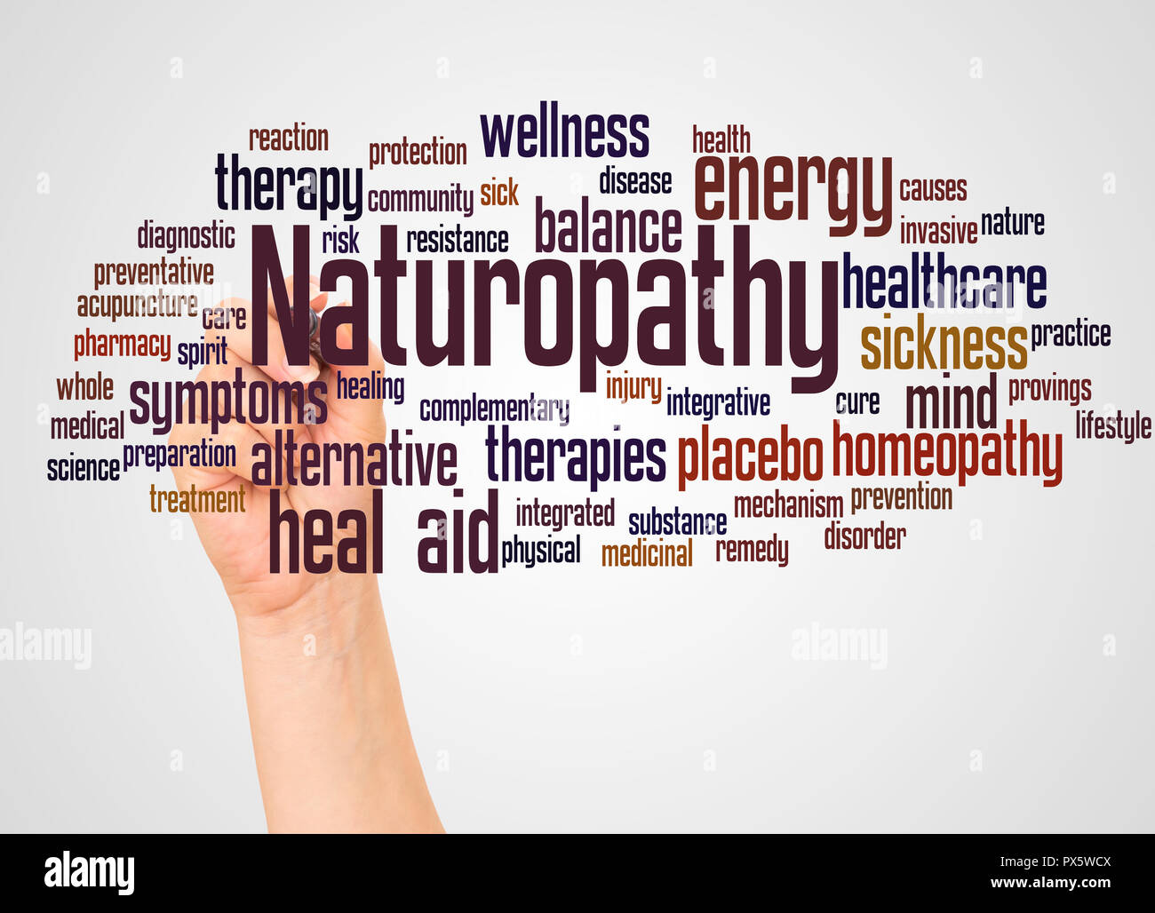 Naturopathy word cloud and hand with marker concept on white background ...