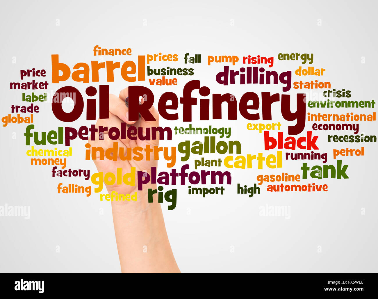 Oil Refinery word cloud and hand with marker concept on white ...