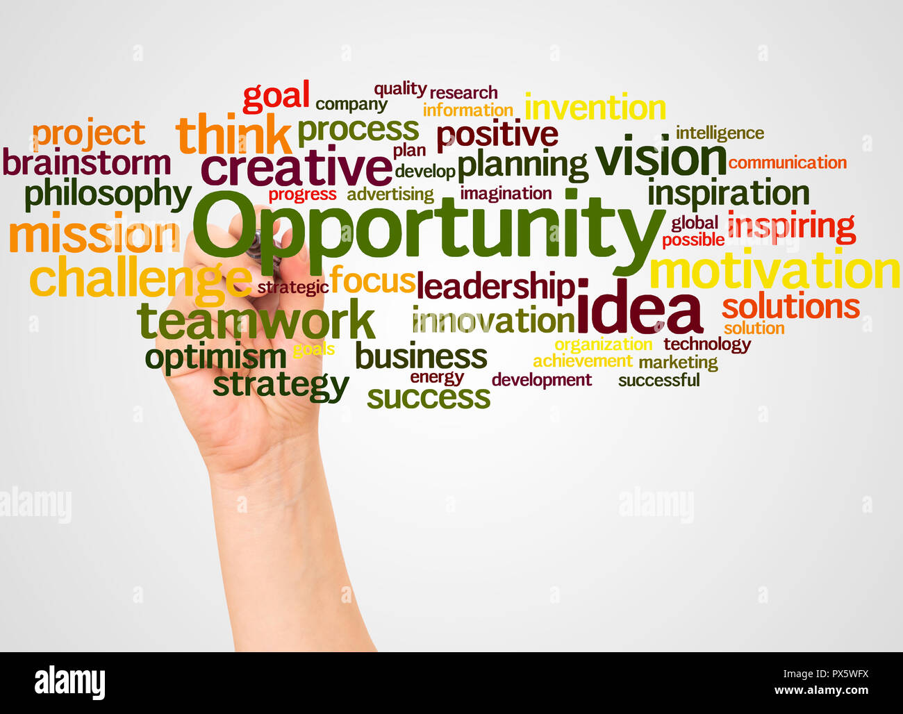 Opportunity word cloud and hand with marker concept on white background ...