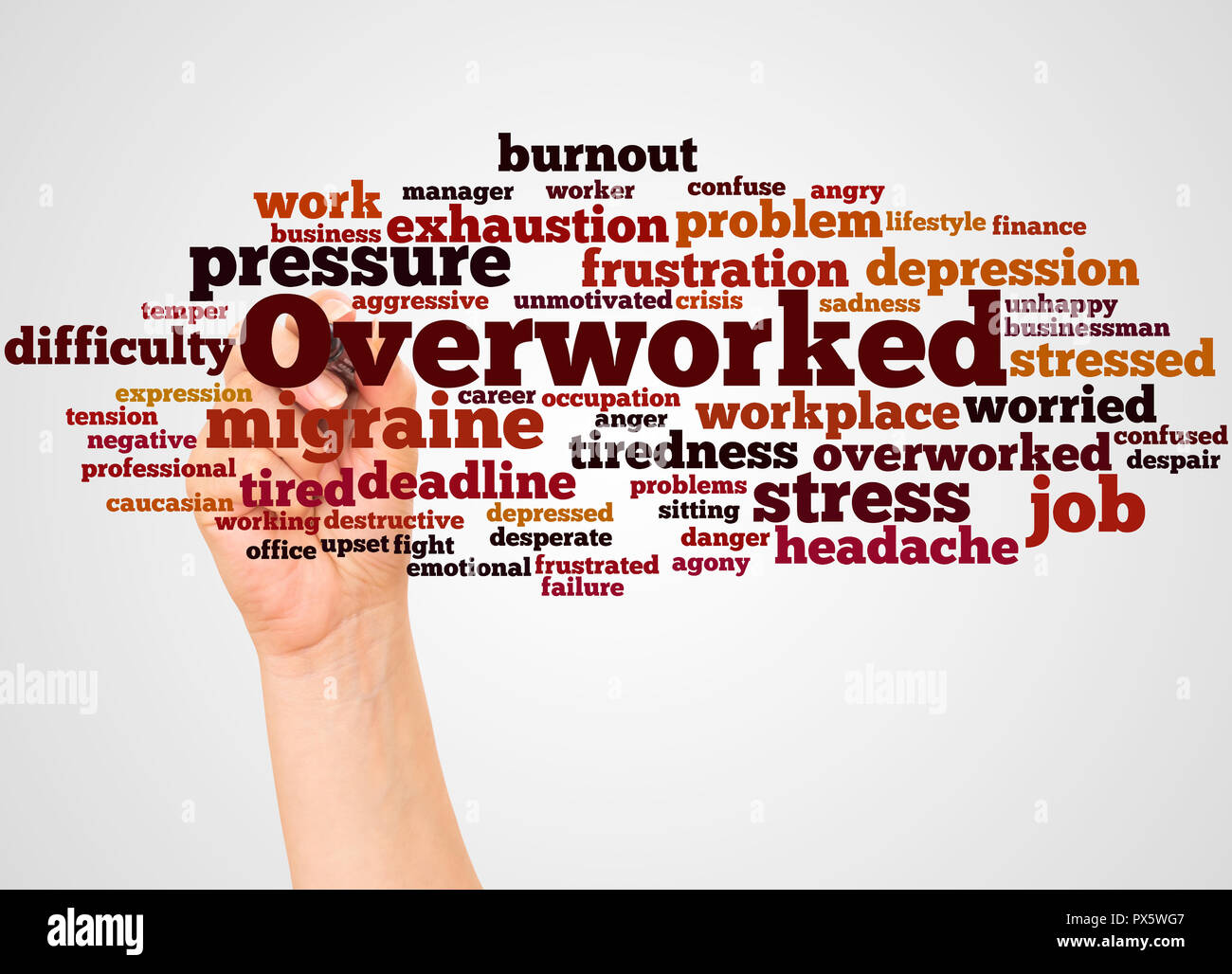 Overworked, word cloud and hand with marker concept on white background ...