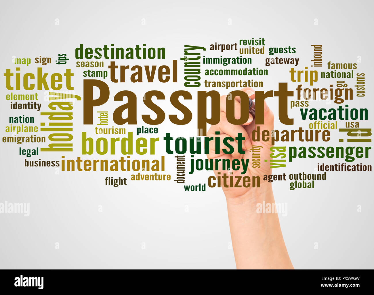 Passport word cloud and hand with marker concept on white background ...