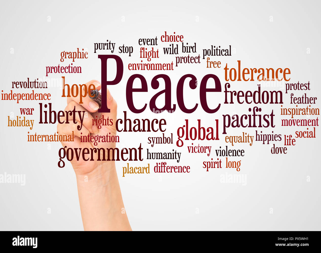 Peace word cloud and hand with marker concept on gradient background ...