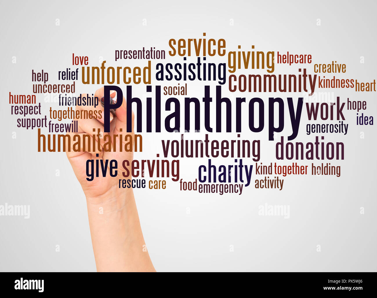 Philanthropy word and hand with marker cloud concept on white ...